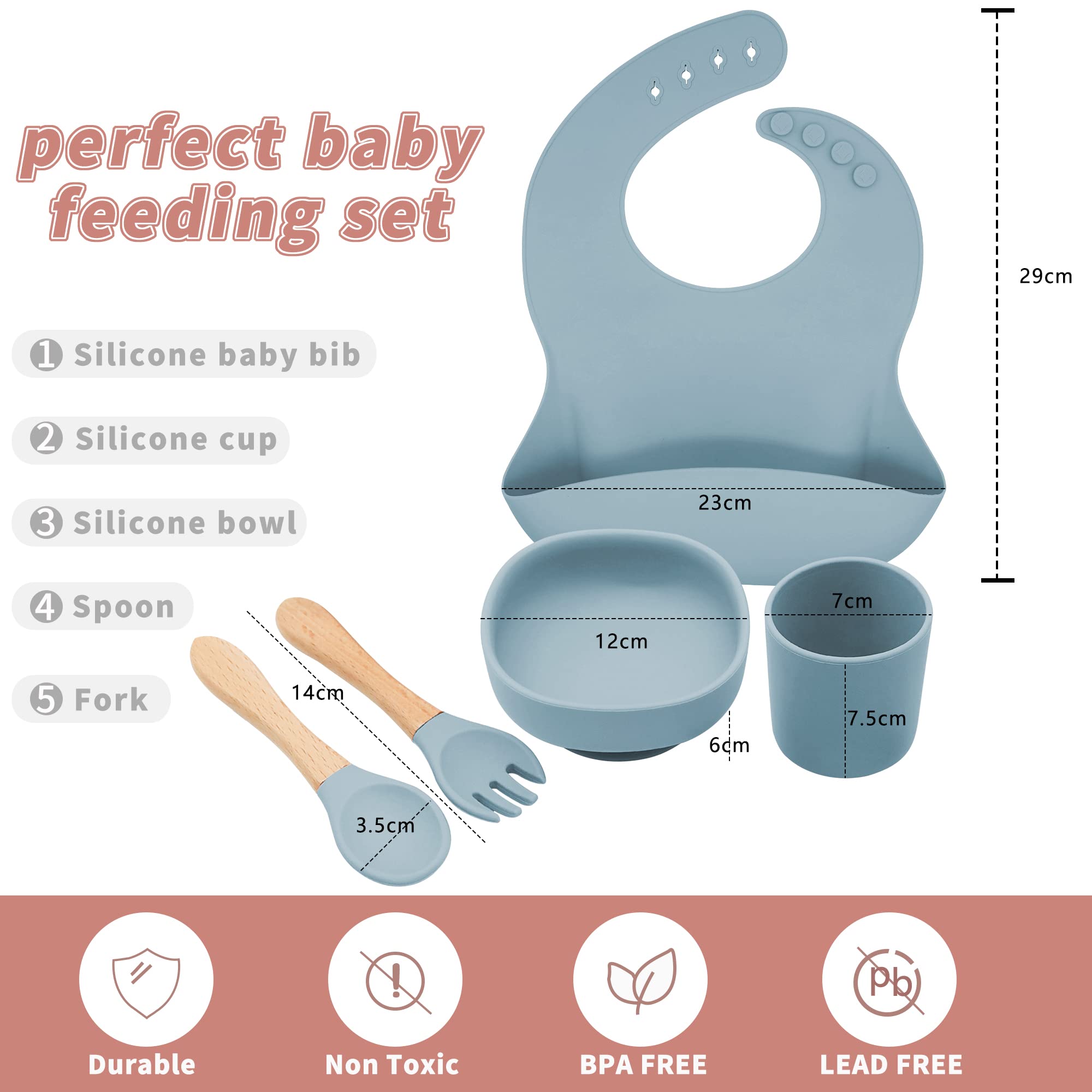 Baby Feeding Set 5 Pcs Silicone Dinner Plates and Cutlery Set, Santi & Me Baby Weaning Bowls with Suction & Silicone Bibs & Spoon and Fork & Toddler Cups Training Dishes Utensils(Dusty Blue)