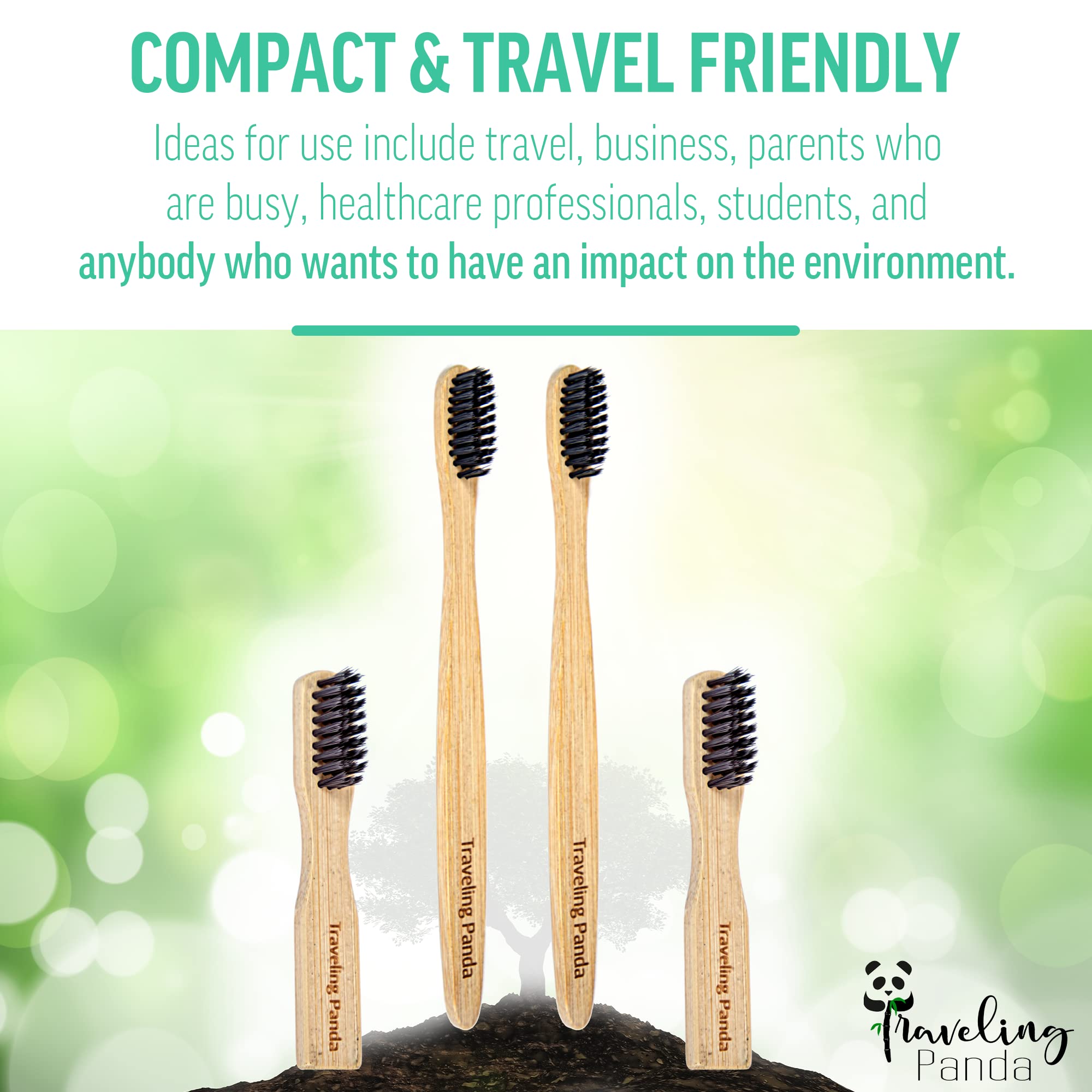 Traveling Panda Bamboo Toothbrushes Soft Bristles, Travel Toothbrush Kit, Includes Brushes and Mint Toothpaste Tablets, Essentials for On The Go Teeth Brushing, 2 Mini 2 Large Brushes and 60 Tabs