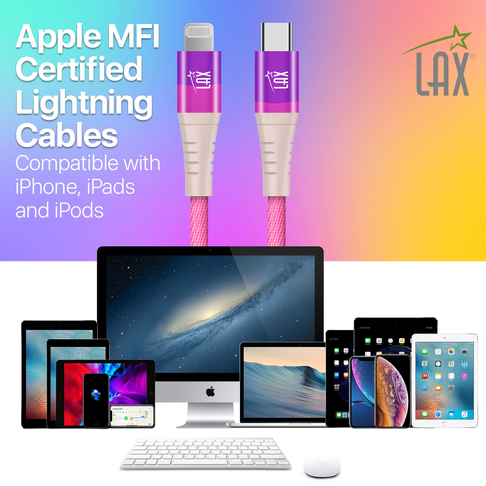 LAX Gadgets USB C to Lightning Cable - Apple MFI Certified Lightning Cable for iPhone 14/14 Plus/14 Pro/14 Pro Max, iPad, iPod - Durable Nylon Braided Fast Charging Cable - 6ft - Rainbow