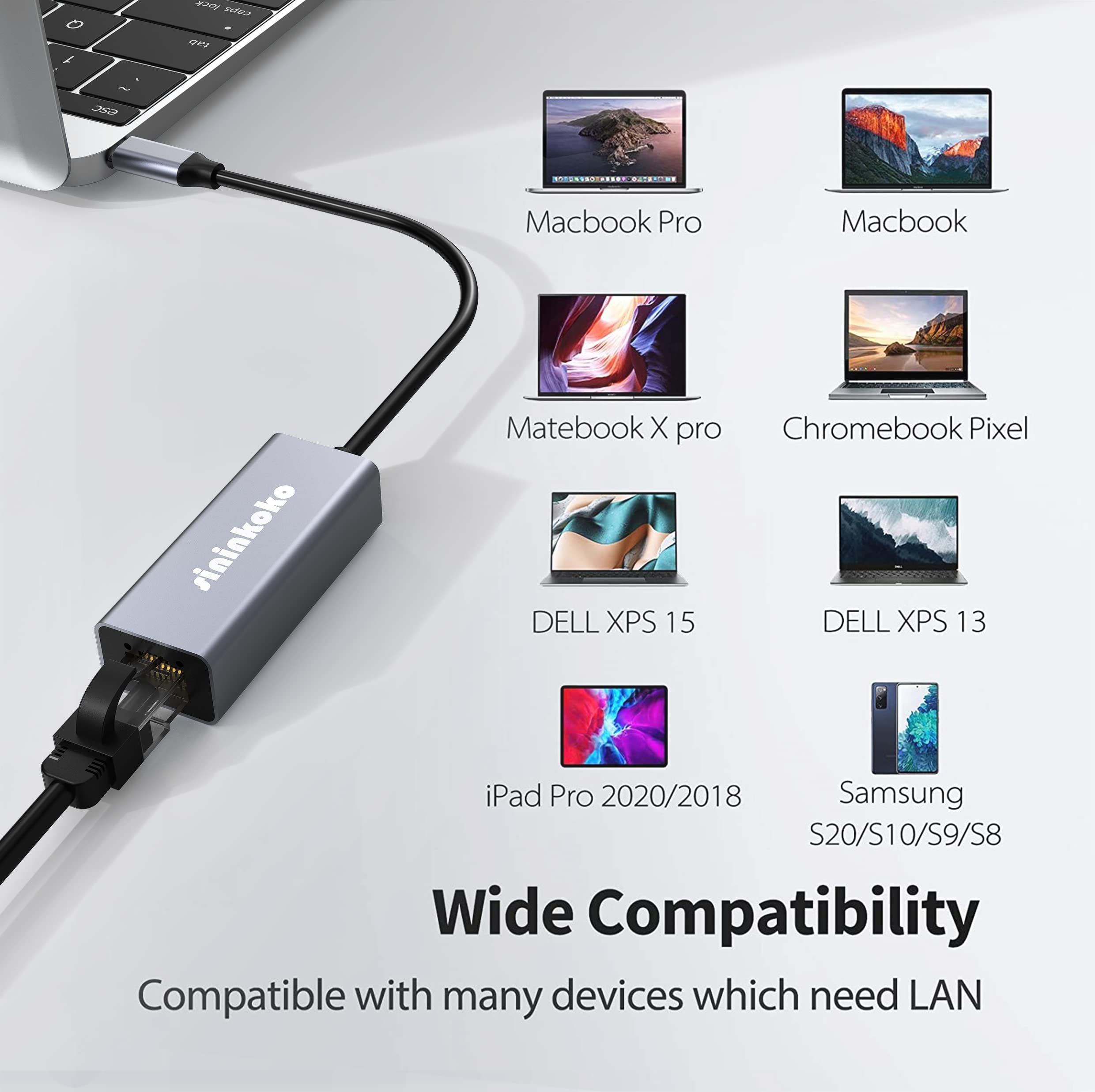 USB C to Ethernet Adapter, sininkoko Driver Free USB C to 100/1000 Gigabit Ethernet LAN Network Adapter,Compatible for MacBook Pro , MacBook Air, iPad Pro, Dell XPS and More