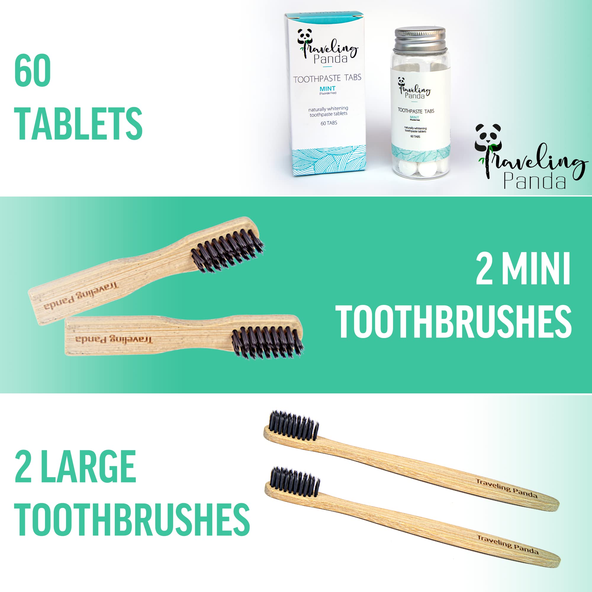 Traveling Panda Bamboo Toothbrushes Soft Bristles, Travel Toothbrush Kit, Includes Brushes and Mint Toothpaste Tablets, Essentials for On The Go Teeth Brushing, 2 Mini 2 Large Brushes and 60 Tabs