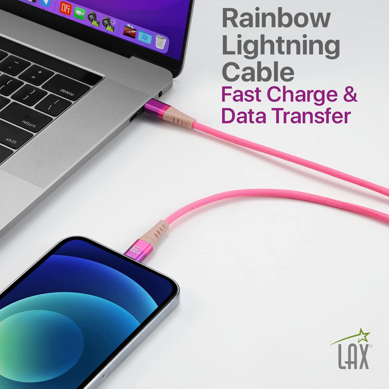 LAX Gadgets USB C to Lightning Cable - Apple MFI Certified Lightning Cable for iPhone 14/14 Plus/14 Pro/14 Pro Max, iPad, iPod - Durable Nylon Braided Fast Charging Cable - 6ft - Rainbow