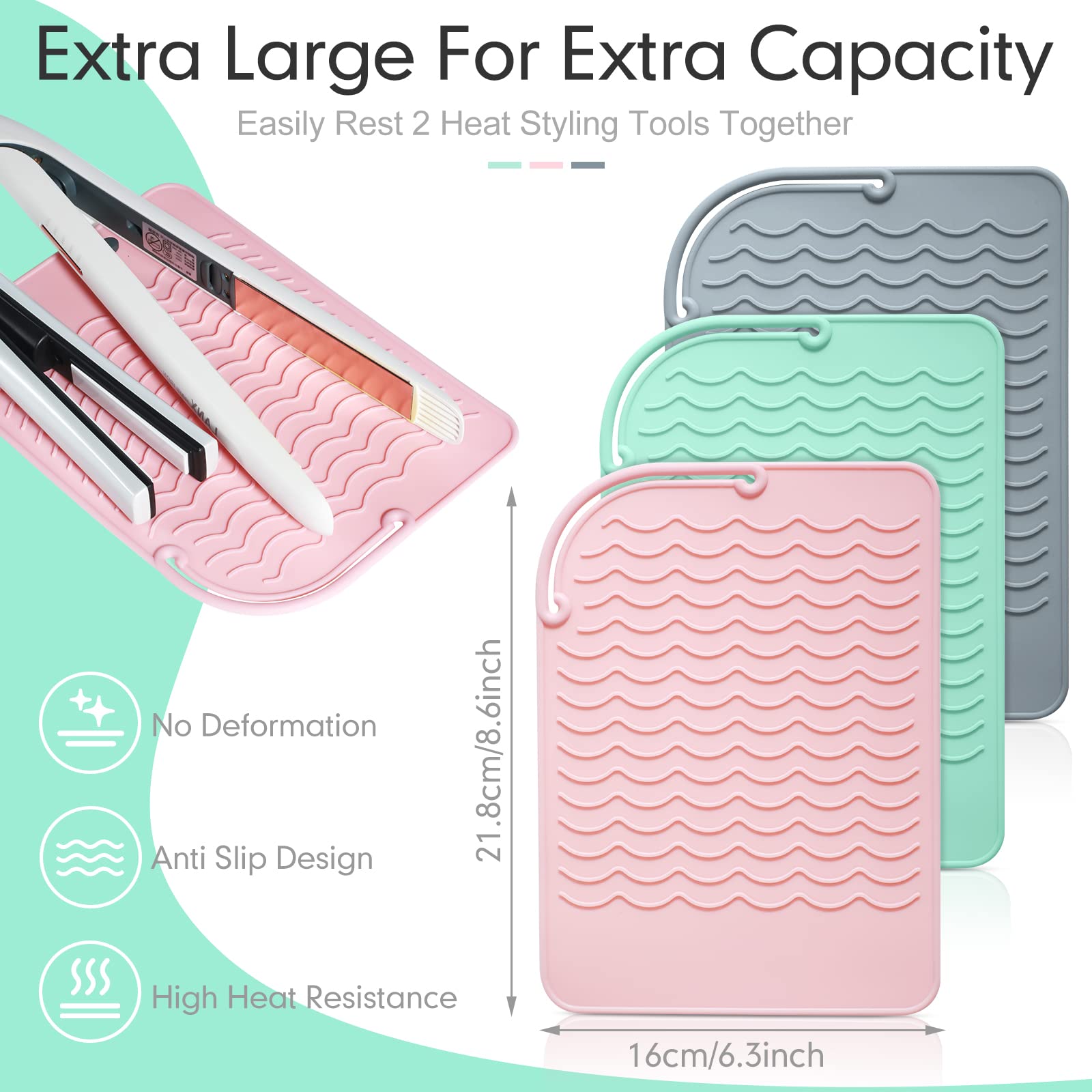 Zhehao 3 Pcs Silicone Heat Resistant Mat for Curling Irons Straightener Flat Iron Holder Travel Hair Iron Silicone Mat Pad for Hot Styling Tools, 8.6 x 6.2 Inch (Pink, Teal, Gray)