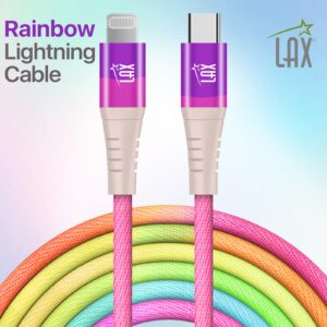 LAX Gadgets USB C to Lightning Cable - Apple MFI Certified Lightning Cable for iPhone 14/14 Plus/14 Pro/14 Pro Max, iPad, iPod - Durable Nylon Braided Fast Charging Cable - 6ft - Rainbow