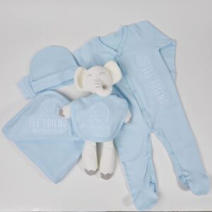 ELE Friend Newborn gift set 0-6 months – Unisex clothes for Newborn, Unisex baby gift set, Gift basket includes Cute Soft white Elephant Plush Doll, Thank You Card and giftbox (baby blue)