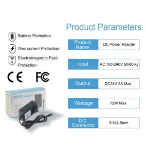 24V 3A 72W Power Supply Adapter,100-240V AC to DC, 5.5mm x 2.5mm DC Output Jack 24V AC Power Supply Wall Plug for 5050 3528 LED Strip Light LED Driver CCTV Security System