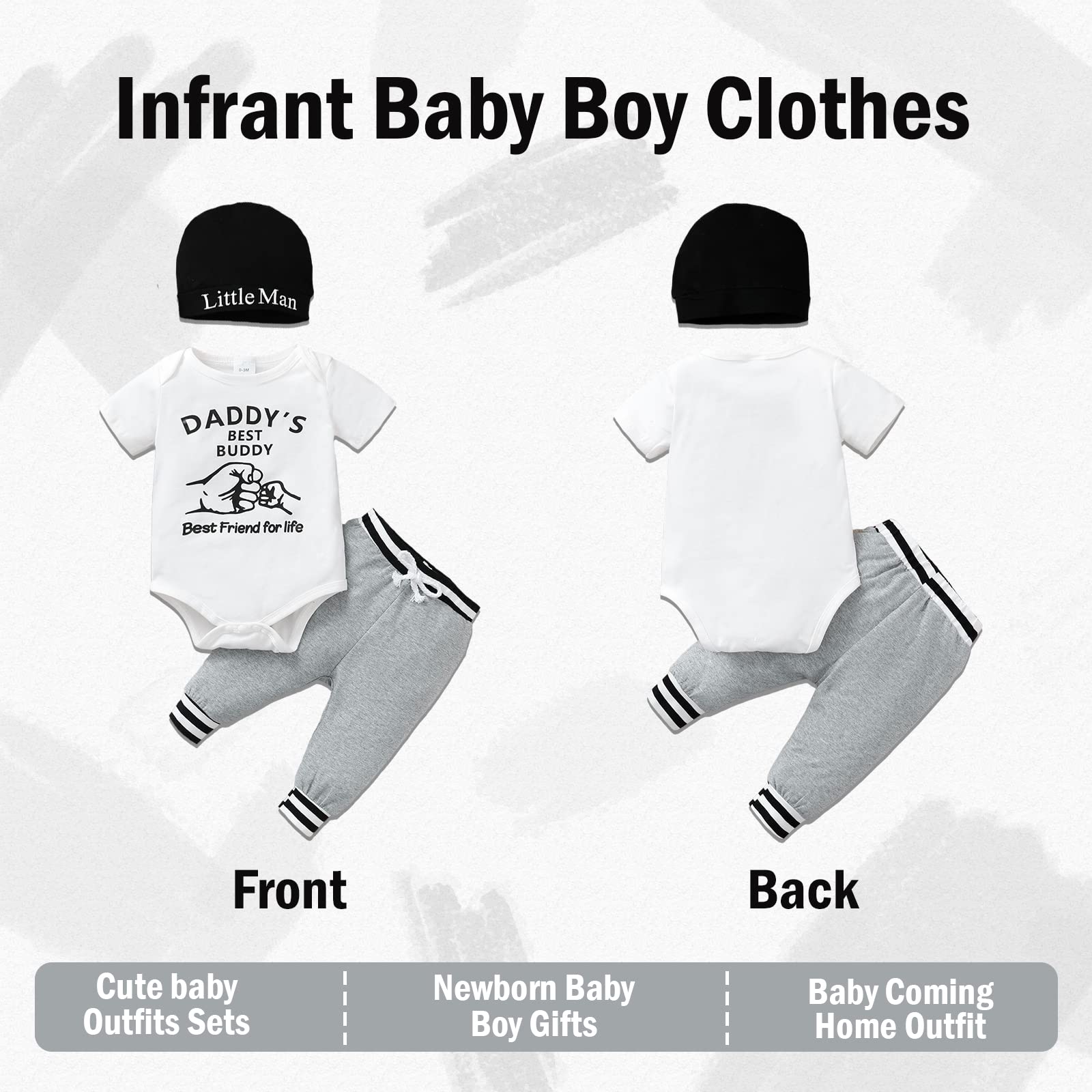 OPAWO Newborn Baby Boy Clothes 3pcs Cute Coming Home Outfit for Baby Boy Gift Infant Summer Bodysuit Romper Pants 0-3 Months