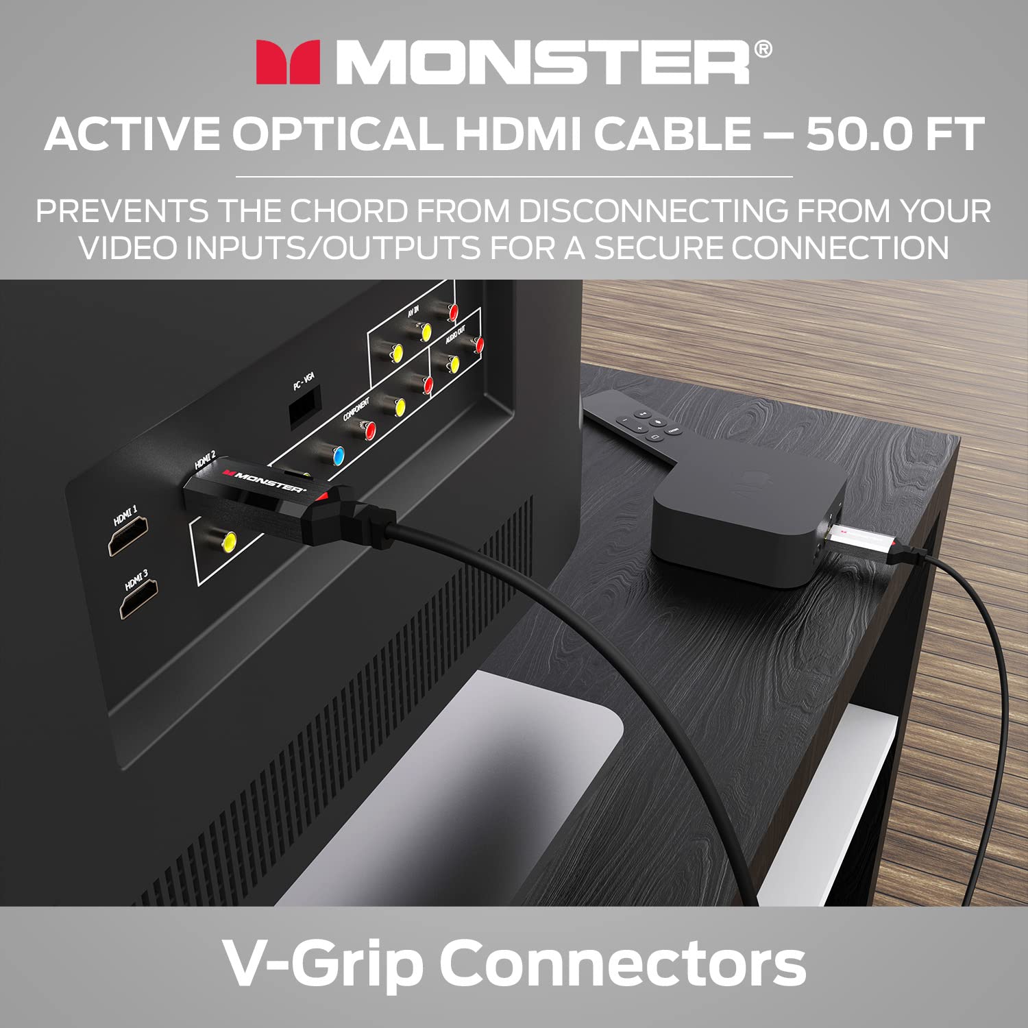 Monster Essentials Directional Fiber Optic HDMI 2.1-48 Gbps Active Optical Cable Featuring Aluminum Extrusion Connector - Supports 8K @ 60HZ, 4K @ 120HZ, Premium Certified, V-Grip, 50ft