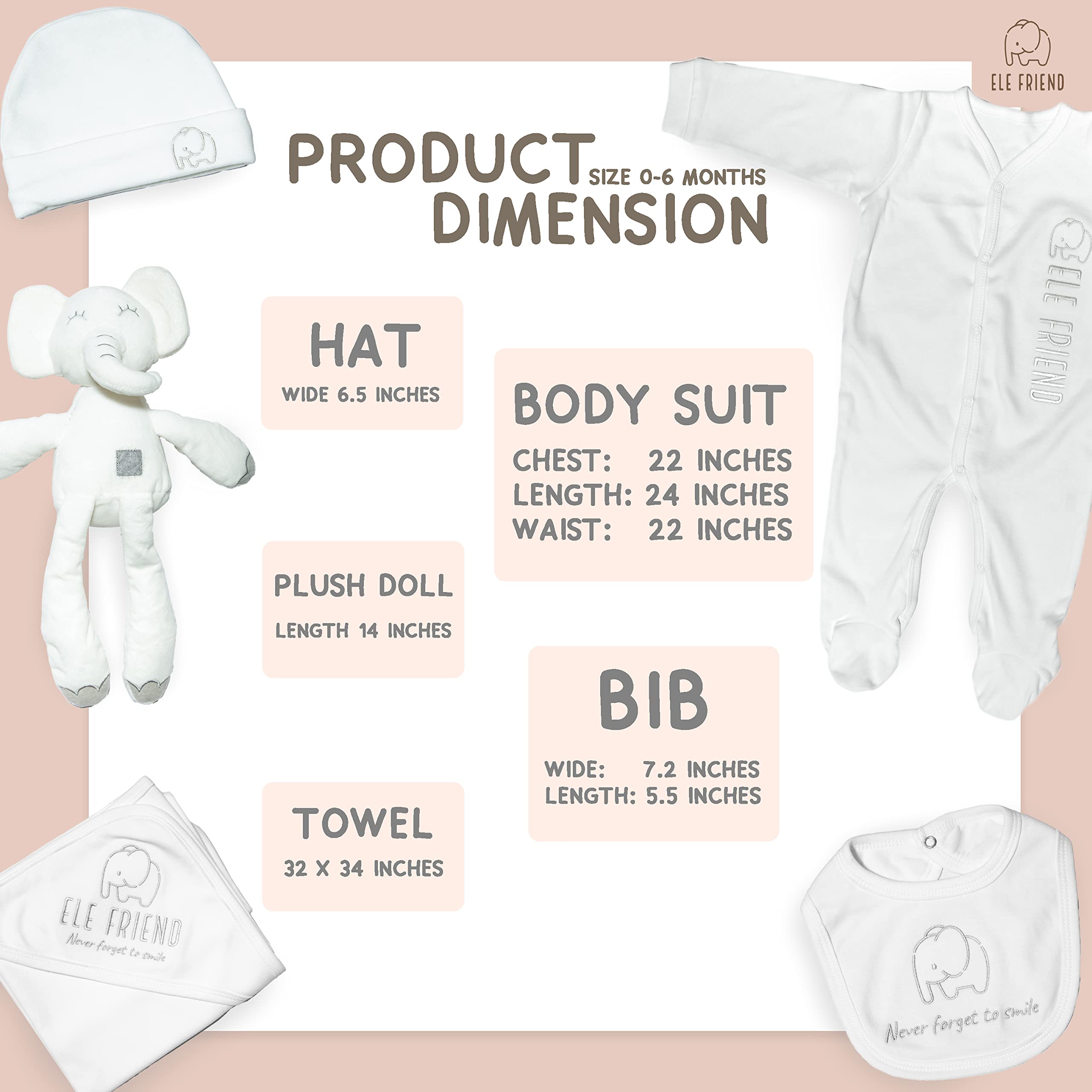 ELE Friend Newborn gift set 0-6 months – Unisex clothes for Newborn, Unisex baby gift set, Gift basket includes Cute Soft white Elephant Plush Doll, Thank You Card and giftbox (baby blue)