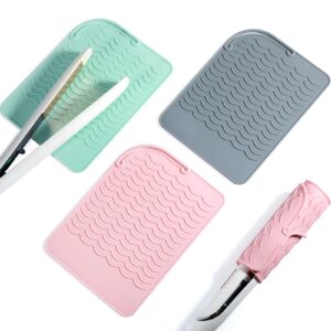 zhehao 3 pcs silicone heat resistant mat for curling irons straightener flat iron holder travel hair iron silicone mat pad for hot styling tools, 8.6 x 6.2 inch (pink, teal, gray)