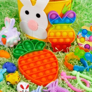 Easter Basket Stuffers - Premade Easter Baskets for Kids - 24 Pack Sensory Fidget Toys Set with Grass - Pop Gifts for Toddlers Teens Girls Boys