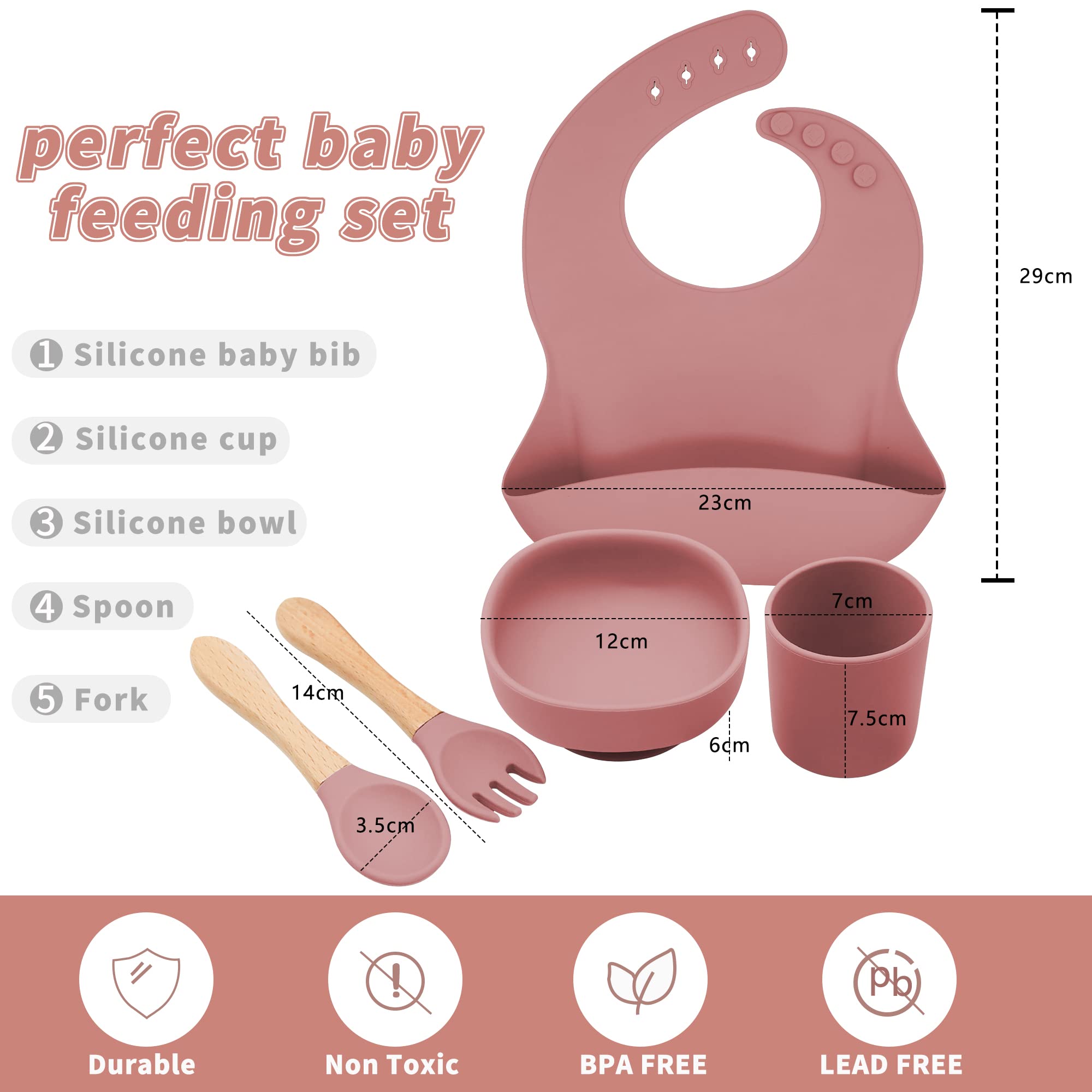 Baby Feeding Set 5 Pcs Silicone Dinner Plates and Cutlery Set, Santi & Me Baby Weaning Bowls with Suction & Silicone Bibs & Spoon and Fork & Toddler Cups Training Dishes Utensils(Dark Pink)