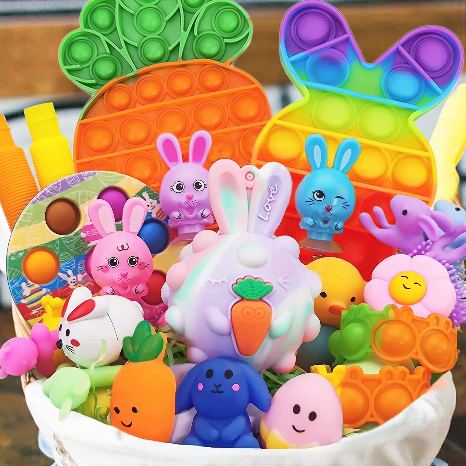 Easter Basket Stuffers - Premade Easter Baskets for Kids - 24 Pack Sensory Fidget Toys Set with Grass - Pop Gifts for Toddlers Teens Girls Boys