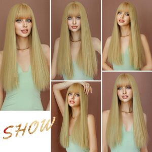 7JHH WIGS Blonde Wig With Bang For Women Long Straight Blonde Wig Synthetic Wig For Girl Emo Cosplay And Daily Use（23" Blonde