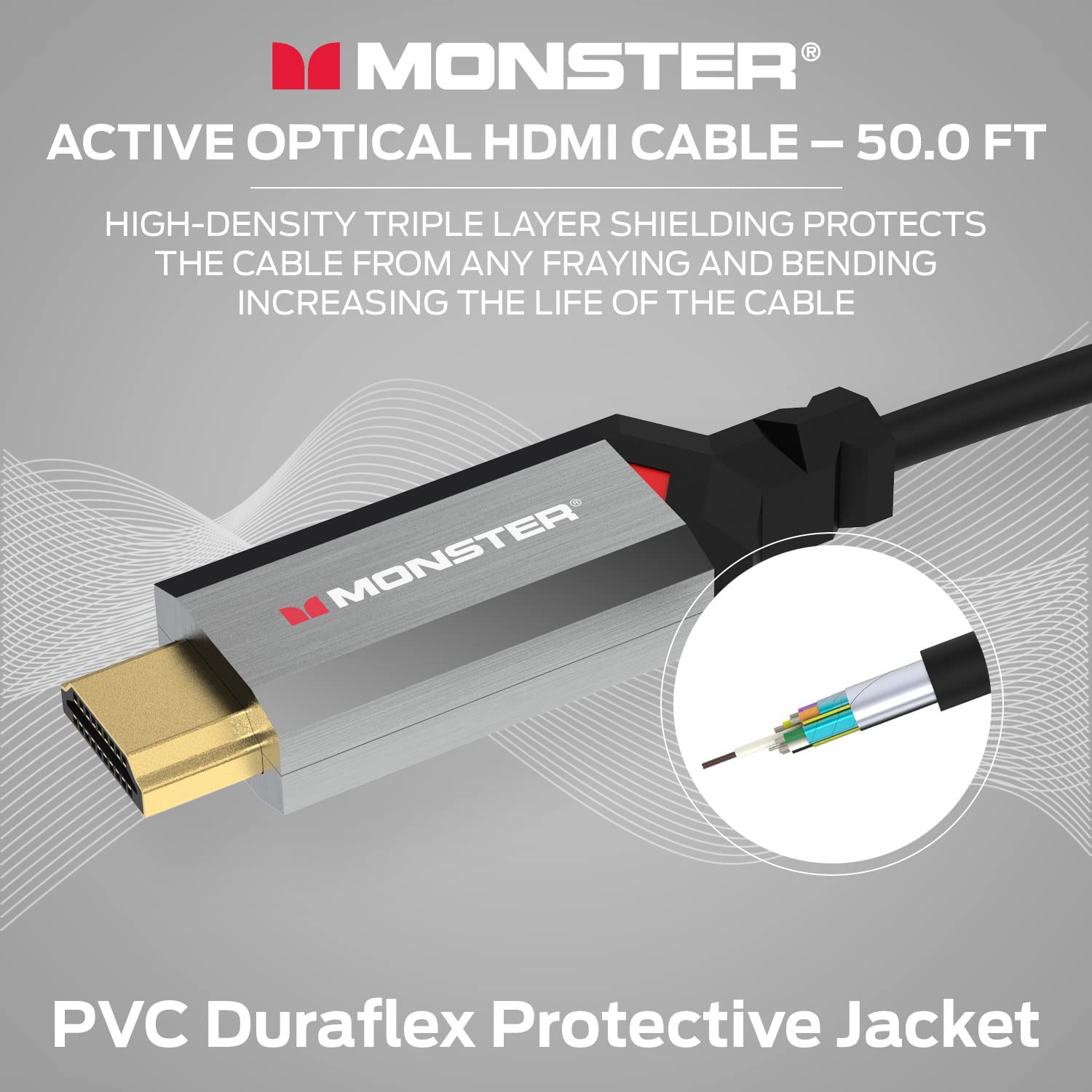 Monster Essentials Directional Fiber Optic HDMI 2.1-48 Gbps Active Optical Cable Featuring Aluminum Extrusion Connector - Supports 8K @ 60HZ, 4K @ 120HZ, Premium Certified, V-Grip, 50ft