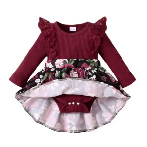 opawo newborn infant baby girl dress ribbed bodysuit romper dress long sleeve floral girl dresses fall winter clothes(burgundy,0-3 months)