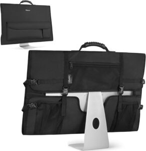 mancro monitor carrying case compatible with apple 27" imac desktop computer, padded travel carrying bag with rubber handle, pockets for 27" screen and accessories, protective case monitor dust cover