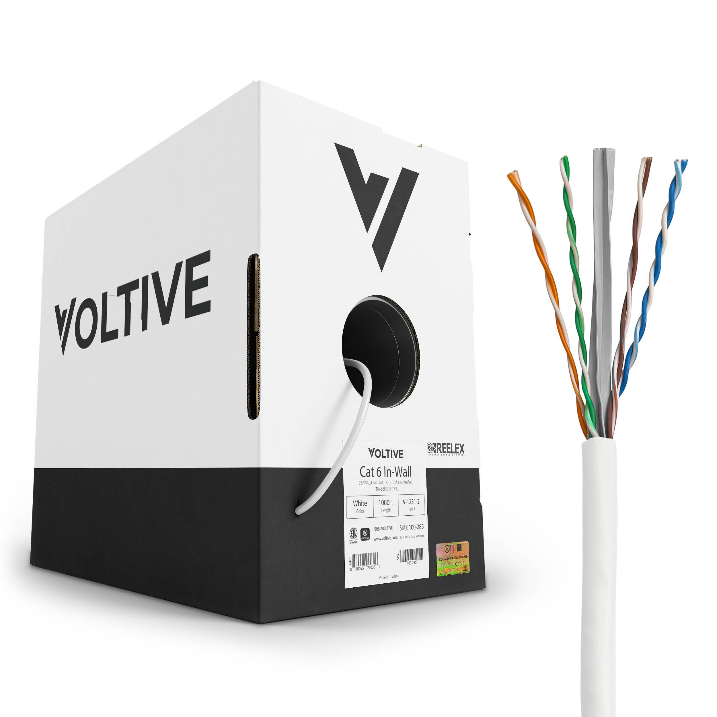 Voltive Cat6 in-Wall (CM), 1000ft, White - Solid Bare Copper Bulk Ethernet Cable - UTP - 600MHz - UL Certified & ETL Verified