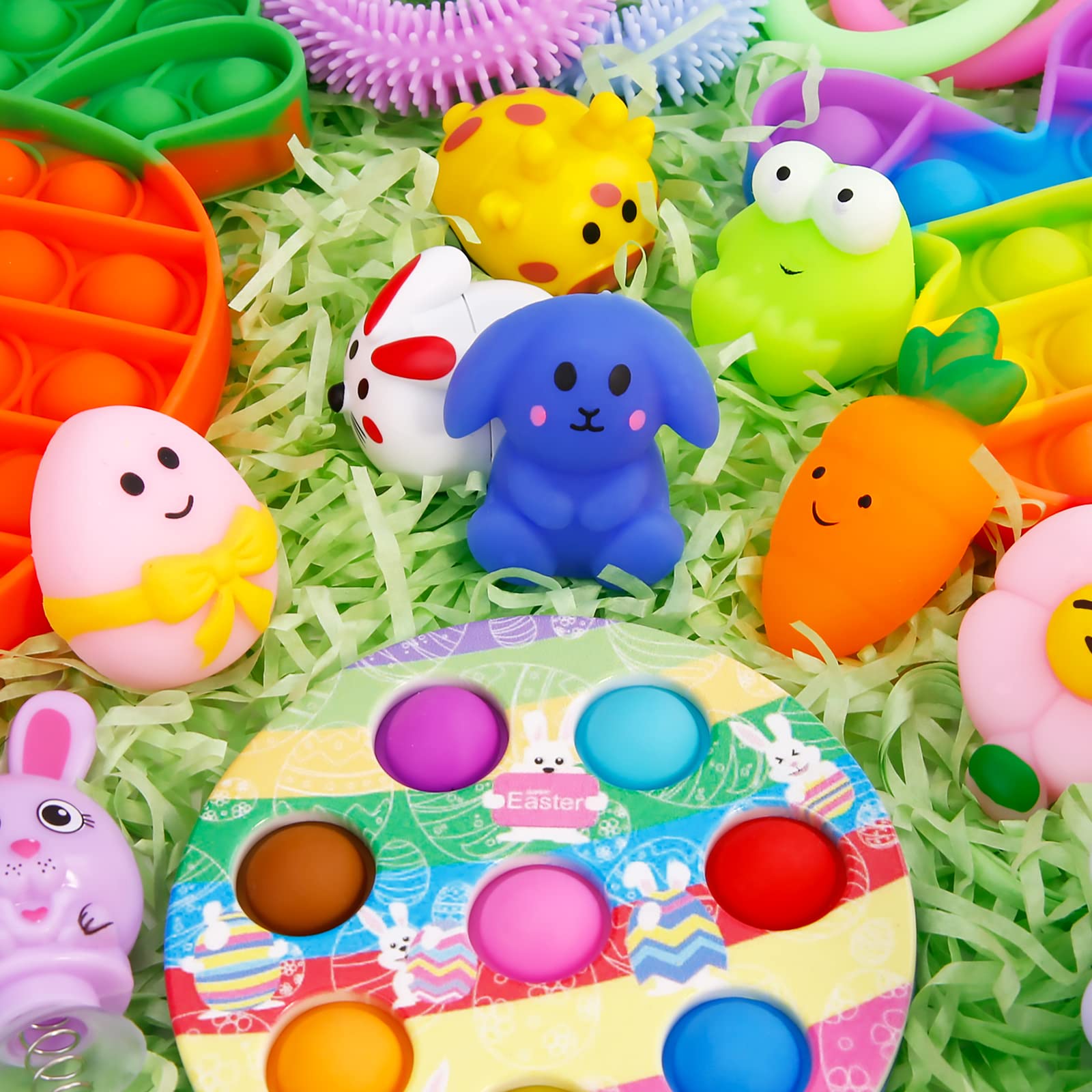 Easter Basket Stuffers - Premade Easter Baskets for Kids - 24 Pack Sensory Fidget Toys Set with Grass - Pop Gifts for Toddlers Teens Girls Boys