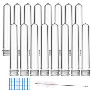 labalpha 16pcs pet plastic test tubes with screw caps for candy storage, party, bath salt vials, 24x138mm (30ml), include a test tube brush and sticker label