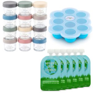 matte 4 oz glass baby food storage jars bundle with blue silicone freezer tray & 5 oz food pouches