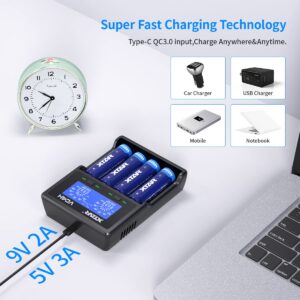 XTAR VC4H Battery Charger Smart LCD Display Universal Battery Charger 4 Slots Fast Charging for Rechargeable Batteries 3.6V/3.7V Li-ion18650 20700 21700 26650,1.2V Ni-MH/Ni-CD AAAA AAA AA Batteries