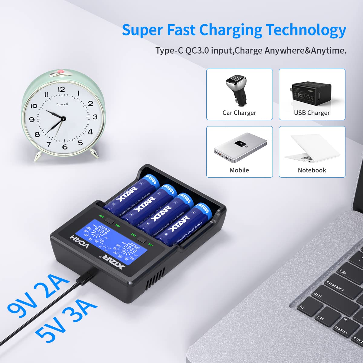 XTAR VC4H Battery Charger Smart LCD Display Universal Battery Charger 4 Slots Fast Charging for Rechargeable Batteries 3.6V/3.7V Li-ion18650 20700 21700 26650,1.2V Ni-MH/Ni-CD AAAA AAA AA Batteries