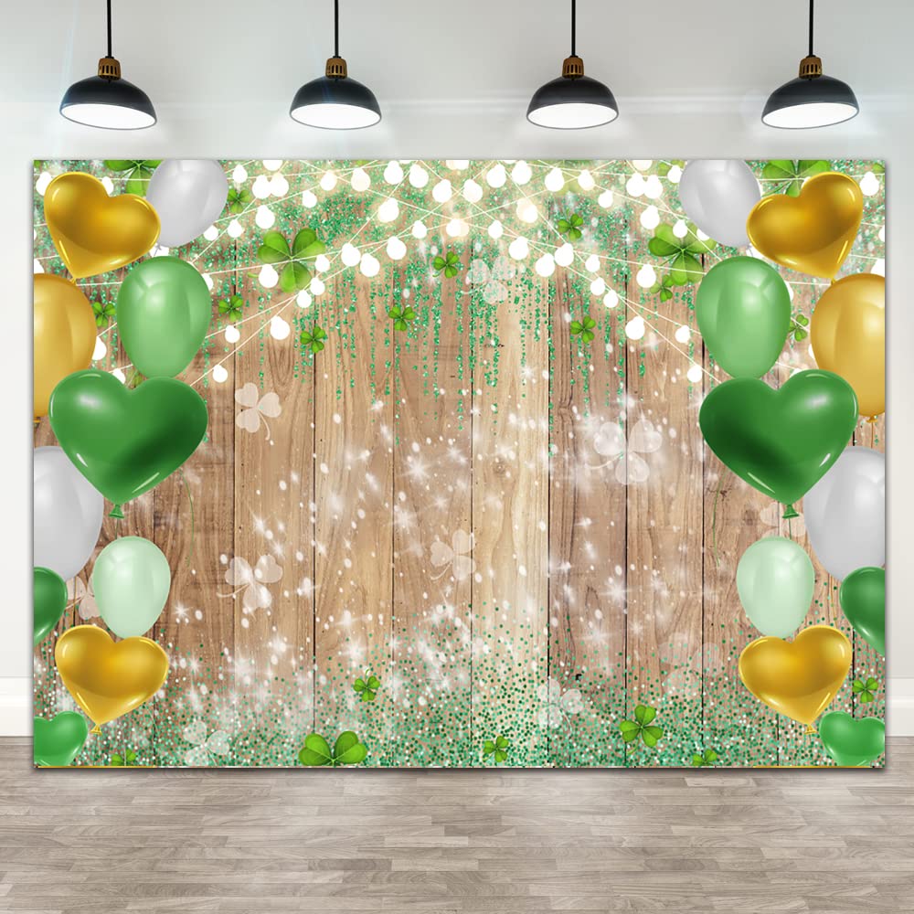 Ticuenicoa 7×5ft Happy St. Patrick's Day Backdrop Wooden Texture Green Balloon Glitter Bokeh Clover Photography Background Lucky Irish Shamrock Confentti Kids Birthday Baby Shower Wall Decor Banner