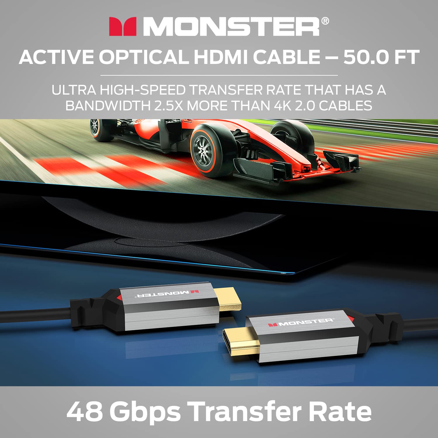 Monster Essentials Directional Fiber Optic HDMI 2.1-48 Gbps Active Optical Cable Featuring Aluminum Extrusion Connector - Supports 8K @ 60HZ, 4K @ 120HZ, Premium Certified, V-Grip, 50ft