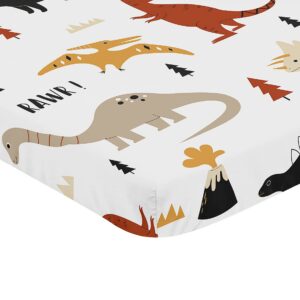 Sweet Jojo Designs Mod Dino Boy Girl Fitted Mini Crib Sheet Baby Nursery Portable Crib Pack Play - Orange Tan Rust Taupe Mustard Yellow Beige Brown Black Modern Dinosaur Boho Dinosaurs Gender Neutral