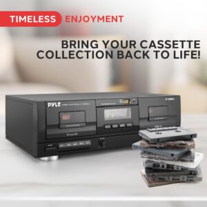 PyleUsa Dual Stereo Cassette Tape Deck-Double Cassette Recorder w/ MP3 Music Converter, RCA for Recording, Dubbing, USB, Retro Design - for Standard/CrO2 Tapes, Home Use