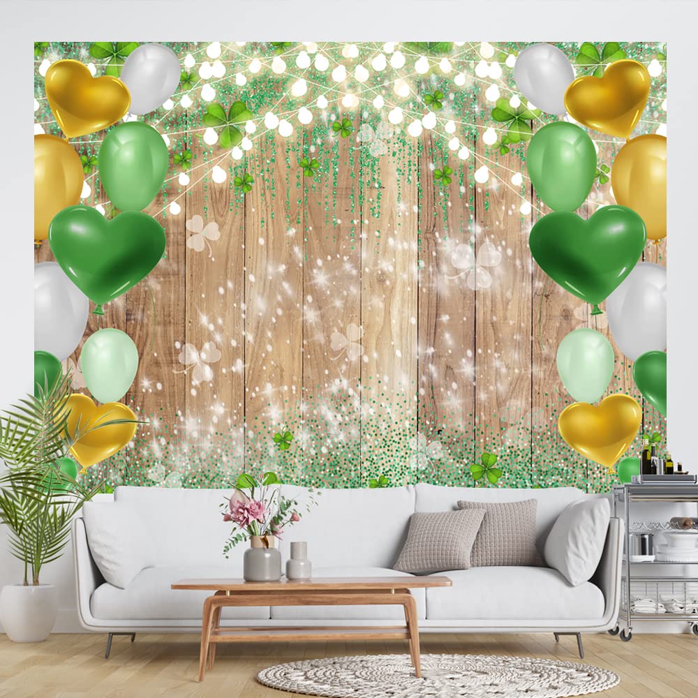 Ticuenicoa 7×5ft Happy St. Patrick's Day Backdrop Wooden Texture Green Balloon Glitter Bokeh Clover Photography Background Lucky Irish Shamrock Confentti Kids Birthday Baby Shower Wall Decor Banner