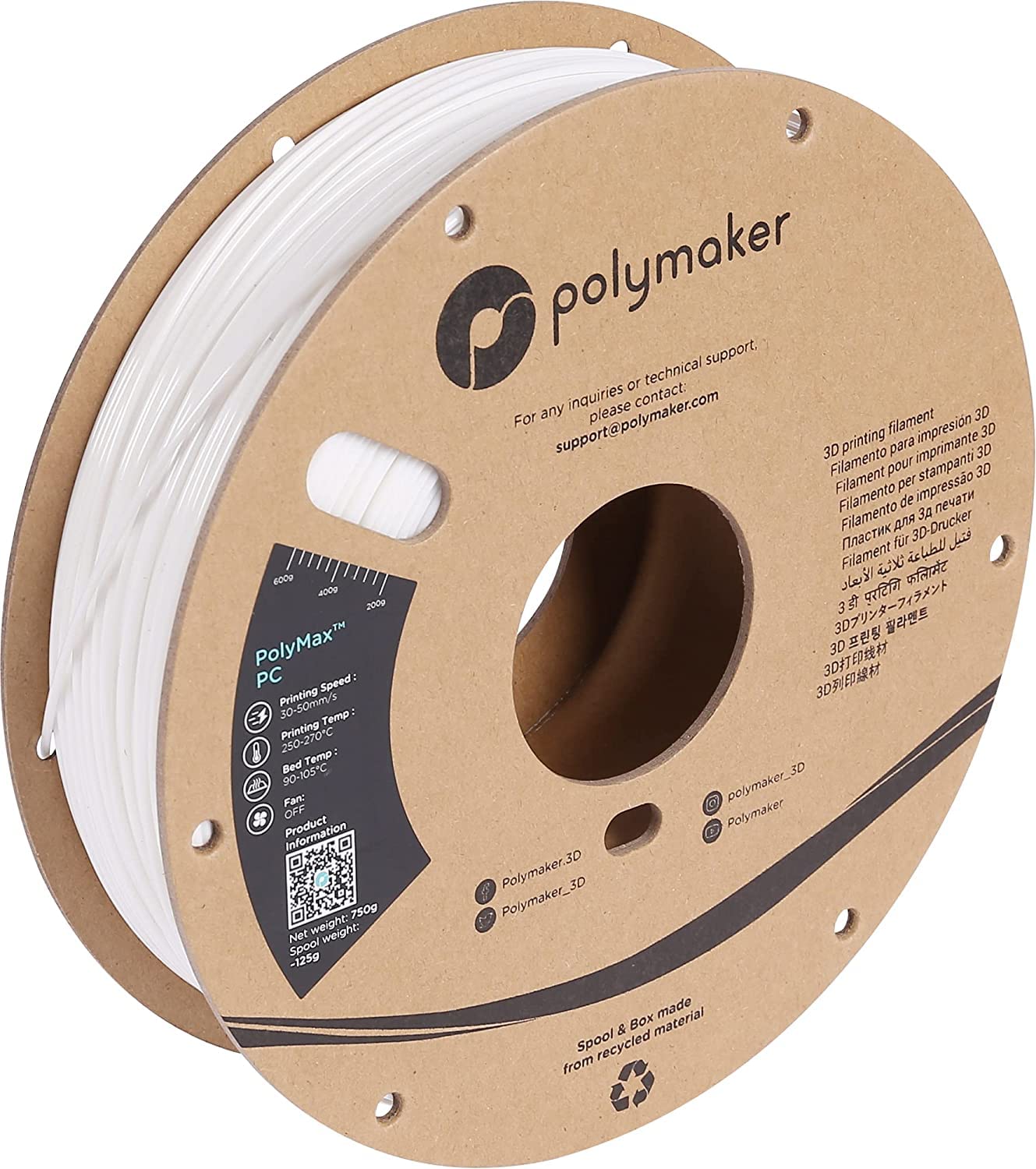 Polymaker Polymax Tough PC Filament 3mm, White Polycarbonate Filament 2.85mm 750g - Polymaker PolyMax White PC Filament 3D Printer Polycarbonate Filament PC Max, Tough & High Heat Resistant