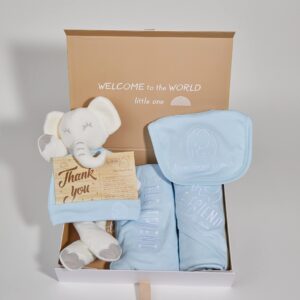 ELE Friend Newborn gift set 0-6 months – Unisex clothes for Newborn, Unisex baby gift set, Gift basket includes Cute Soft white Elephant Plush Doll, Thank You Card and giftbox (baby blue)