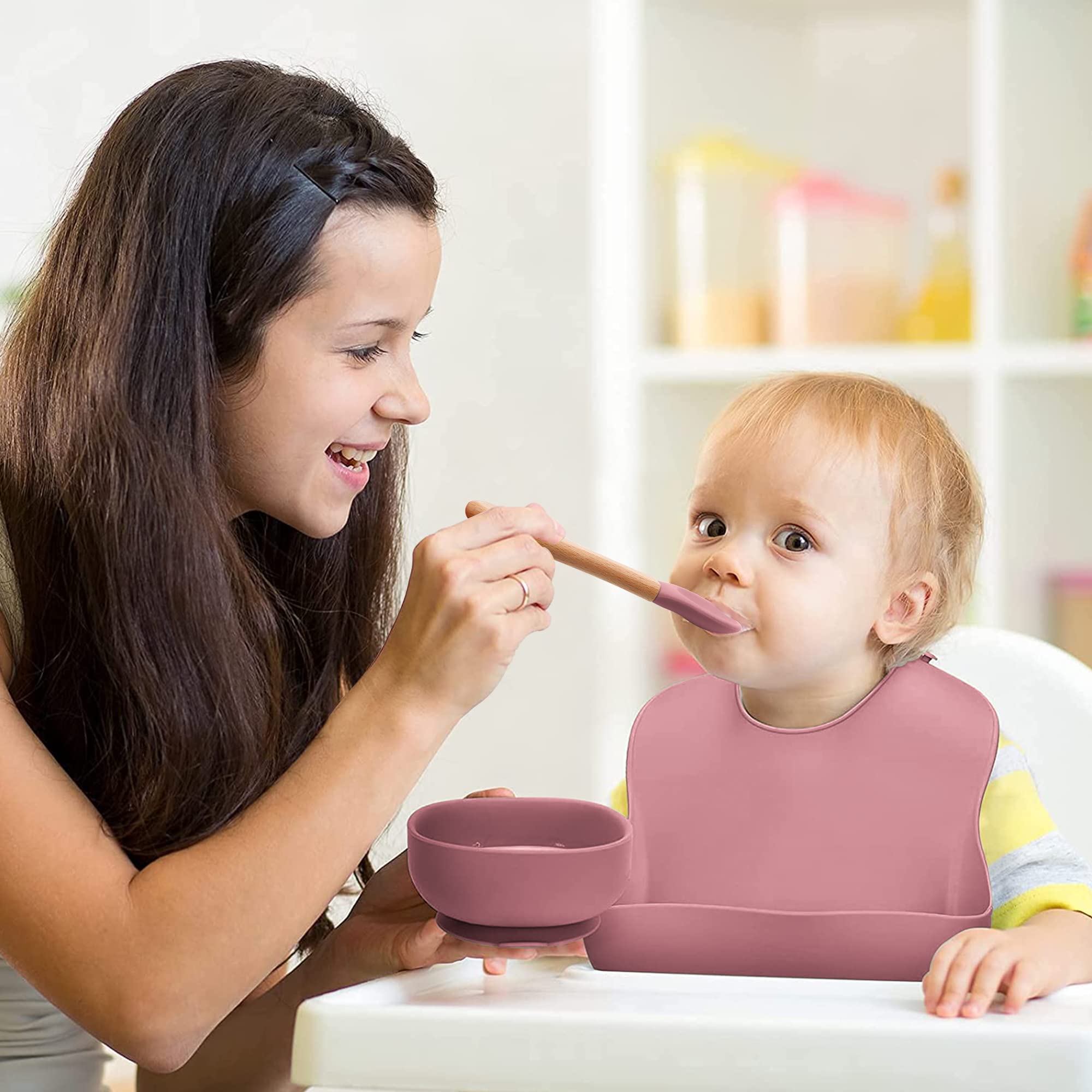 Baby Feeding Set 5 Pcs Silicone Dinner Plates and Cutlery Set, Santi & Me Baby Weaning Bowls with Suction & Silicone Bibs & Spoon and Fork & Toddler Cups Training Dishes Utensils(Dark Pink)