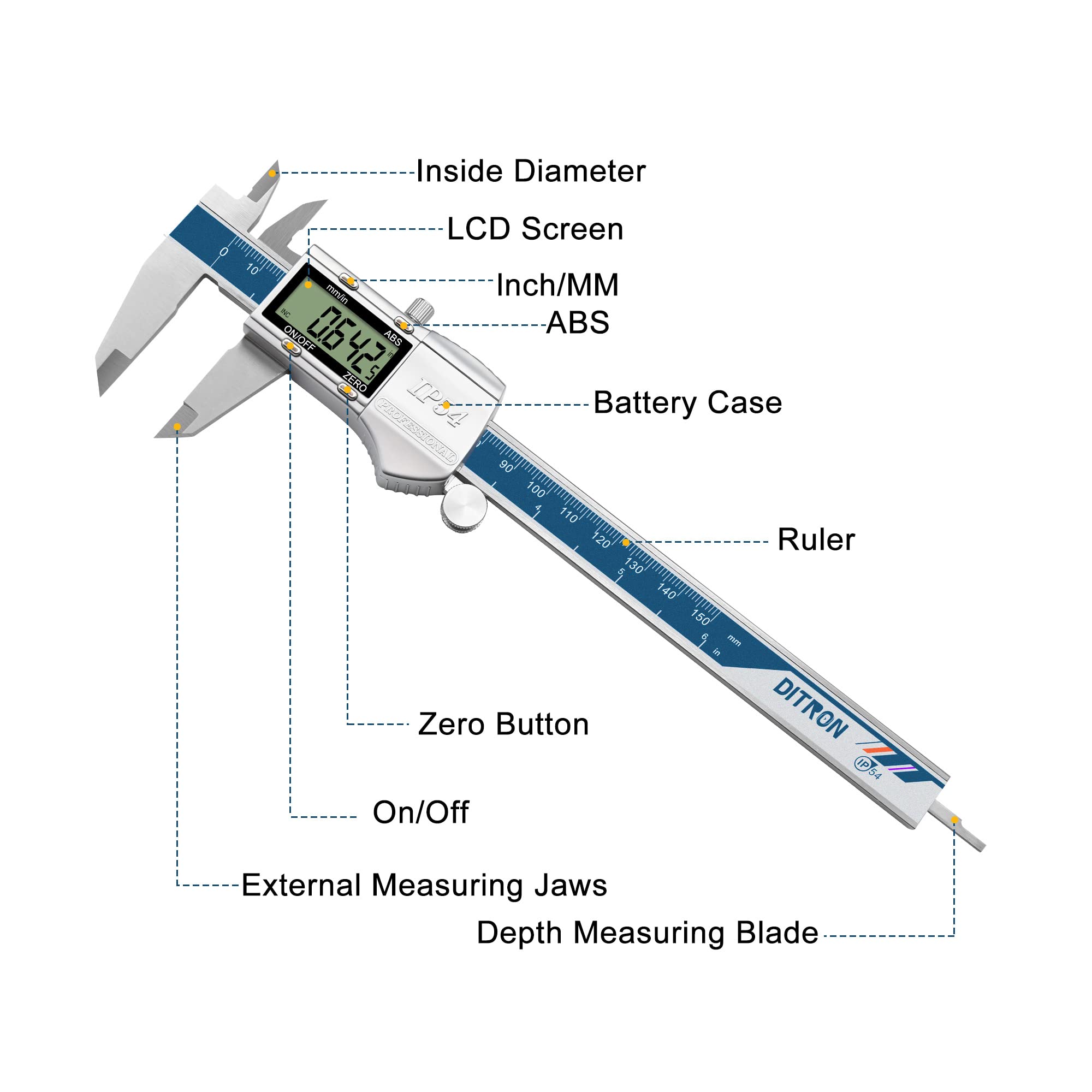 Digital Calipers, DITRON Electronic Caliper 6 inch IP54 Waterproof Micrometer, Woodworking Dimensional Measuring Tools Inch/MM Stainless Steel Vernier Caliper 150mm