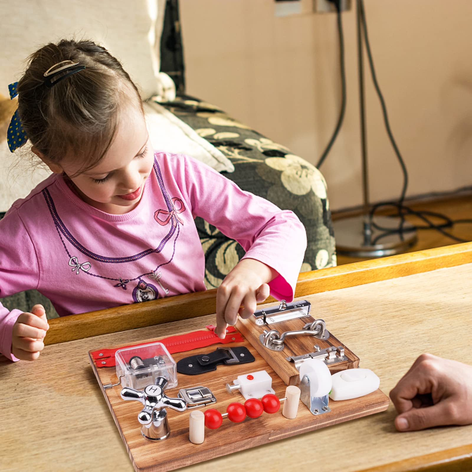 Busy Board for Toddlers Wooden Montessori Toys,Travel Toy Sensory Fidget Board Activity Board for 3 Year Old Boys & Girls, Educational Learning Toy with Locks,Latches,Keys