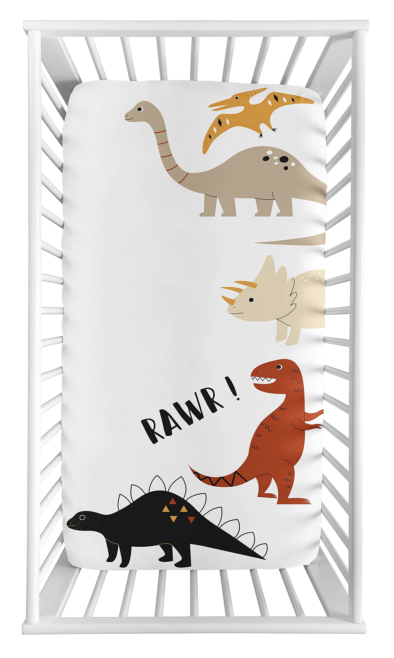 Sweet Jojo Designs Mod Dino Boy Girl Fitted Crib Sheet Baby Toddler Bed Nursery Photo Op - Orange Tan Rust Taupe Mustard Yellow Beige Brown and Black Modern Dinosaur Boho Dinosaurs Gender Neutral