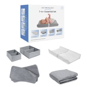 delta children 7-piece essential changing table set - newborn baby gift set for boys and girls – set includes changing pad, plush changing pad cover, 3 changing pad liners and 2 storage bins, grey