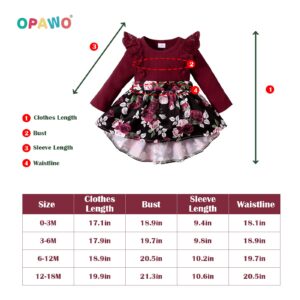 OPAWO Newborn Infant Baby Girl Dress Ribbed Bodysuit Romper Dress Long Sleeve Floral Girl Dresses Fall Winter Clothes(Burgundy,0-3 Months)