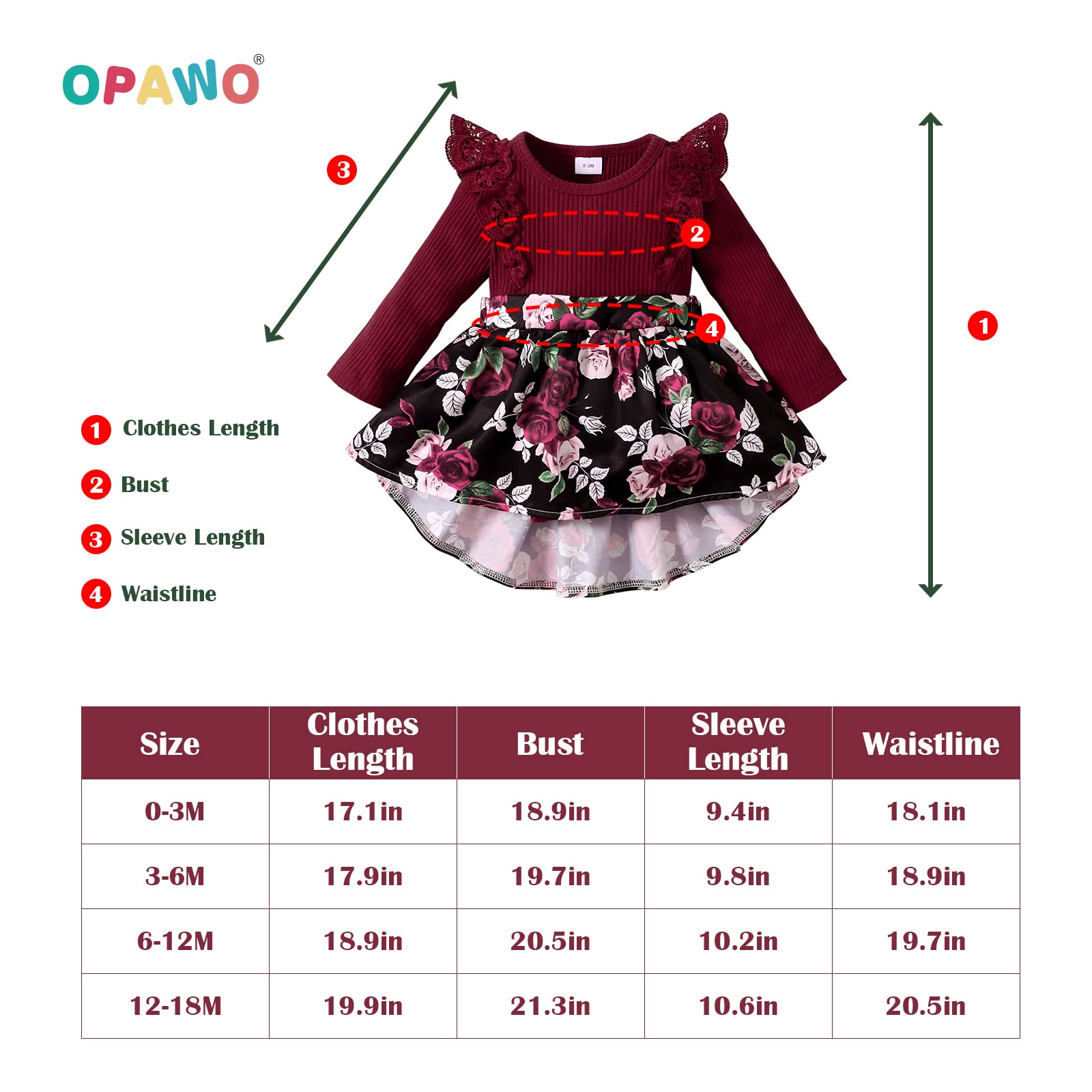 OPAWO Newborn Infant Baby Girl Dress Ribbed Bodysuit Romper Dress Long Sleeve Floral Girl Dresses Fall Winter Clothes(Burgundy,0-3 Months)