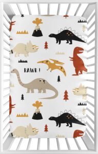 sweet jojo designs mod dino boy girl fitted mini crib sheet baby nursery portable crib pack play - orange tan rust taupe mustard yellow beige brown black modern dinosaur boho dinosaurs gender neutral