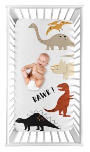 sweet jojo designs mod dino boy girl fitted crib sheet baby toddler bed nursery photo op - orange tan rust taupe mustard yellow beige brown and black modern dinosaur boho dinosaurs gender neutral