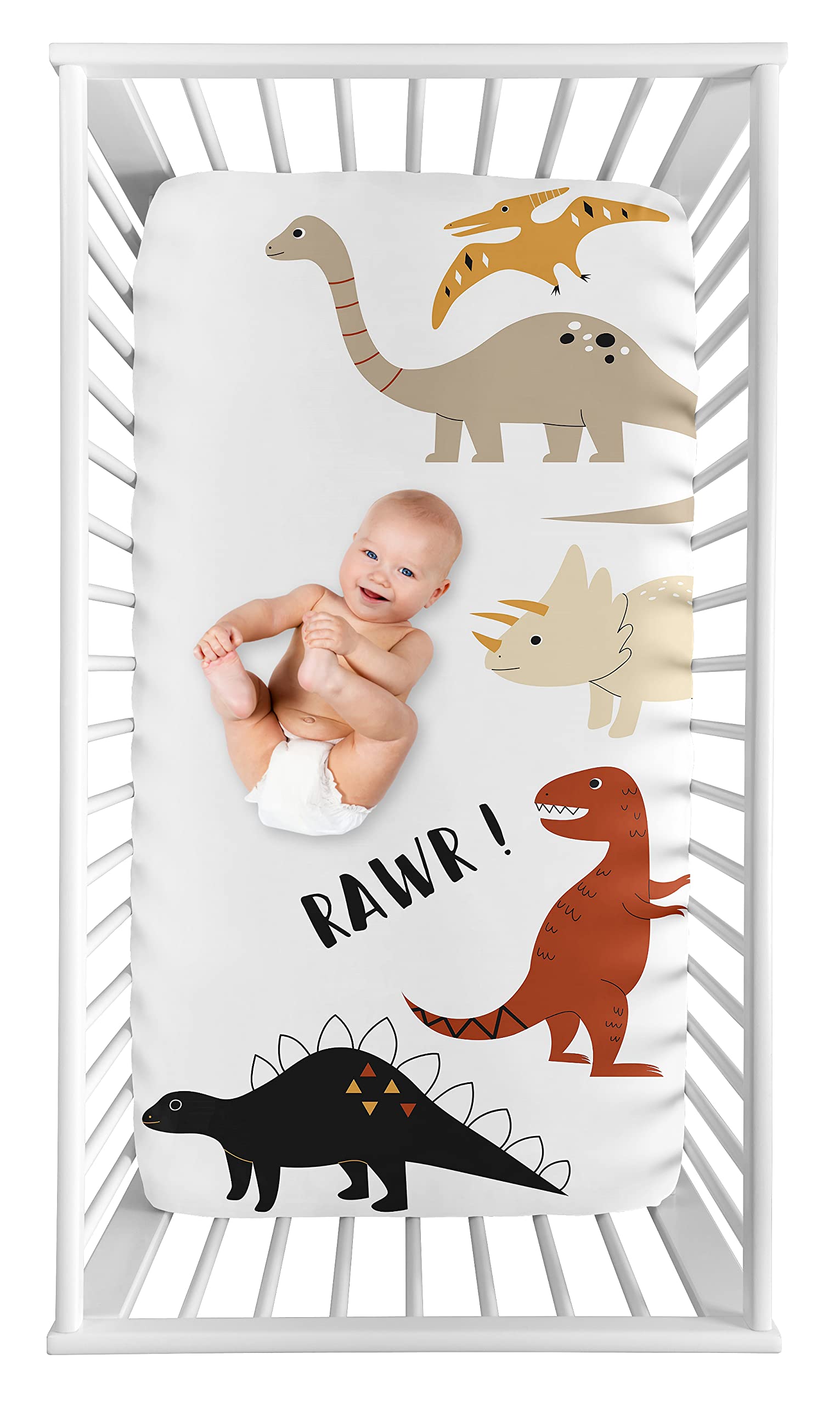 Sweet Jojo Designs Mod Dino Boy Girl Fitted Crib Sheet Baby Toddler Bed Nursery Photo Op - Orange Tan Rust Taupe Mustard Yellow Beige Brown and Black Modern Dinosaur Boho Dinosaurs Gender Neutral