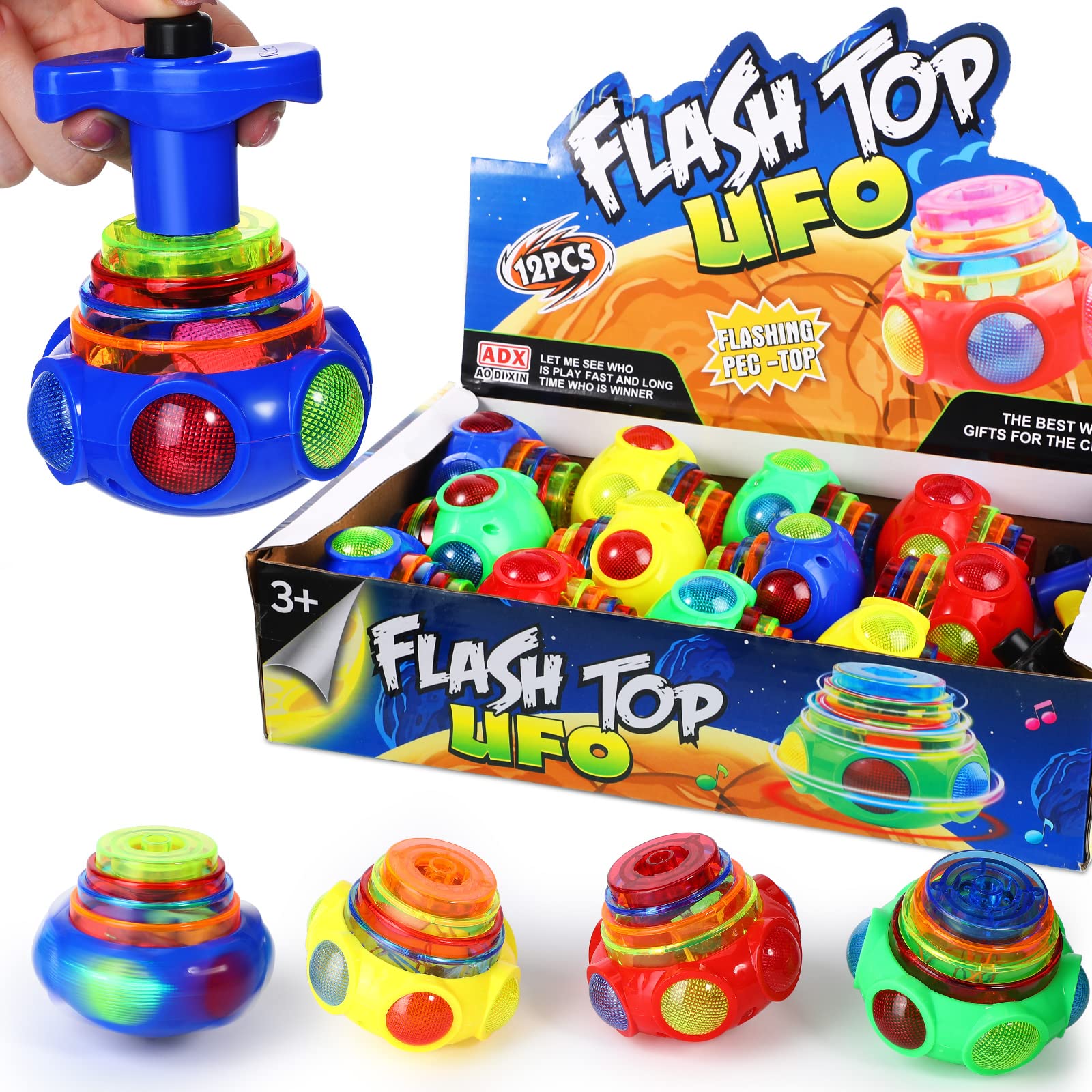 12 Pcs UFO Top Light Toy LED Light up Toy Music Flashing Spinner Toy for Party Supplies, 3 Colors