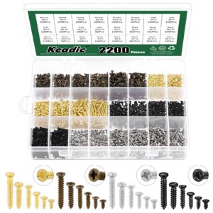 keadic 2200 pcs 4 color small self tapping screws assortment kit, m2*5/6/8/10mm m2.6 * 12/16mm self-drilling flat cross head mini wood screw with plastic case (black, bronze, silver, gold)