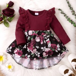 OPAWO Newborn Infant Baby Girl Dress Ribbed Bodysuit Romper Dress Long Sleeve Floral Girl Dresses Fall Winter Clothes(Burgundy,0-3 Months)