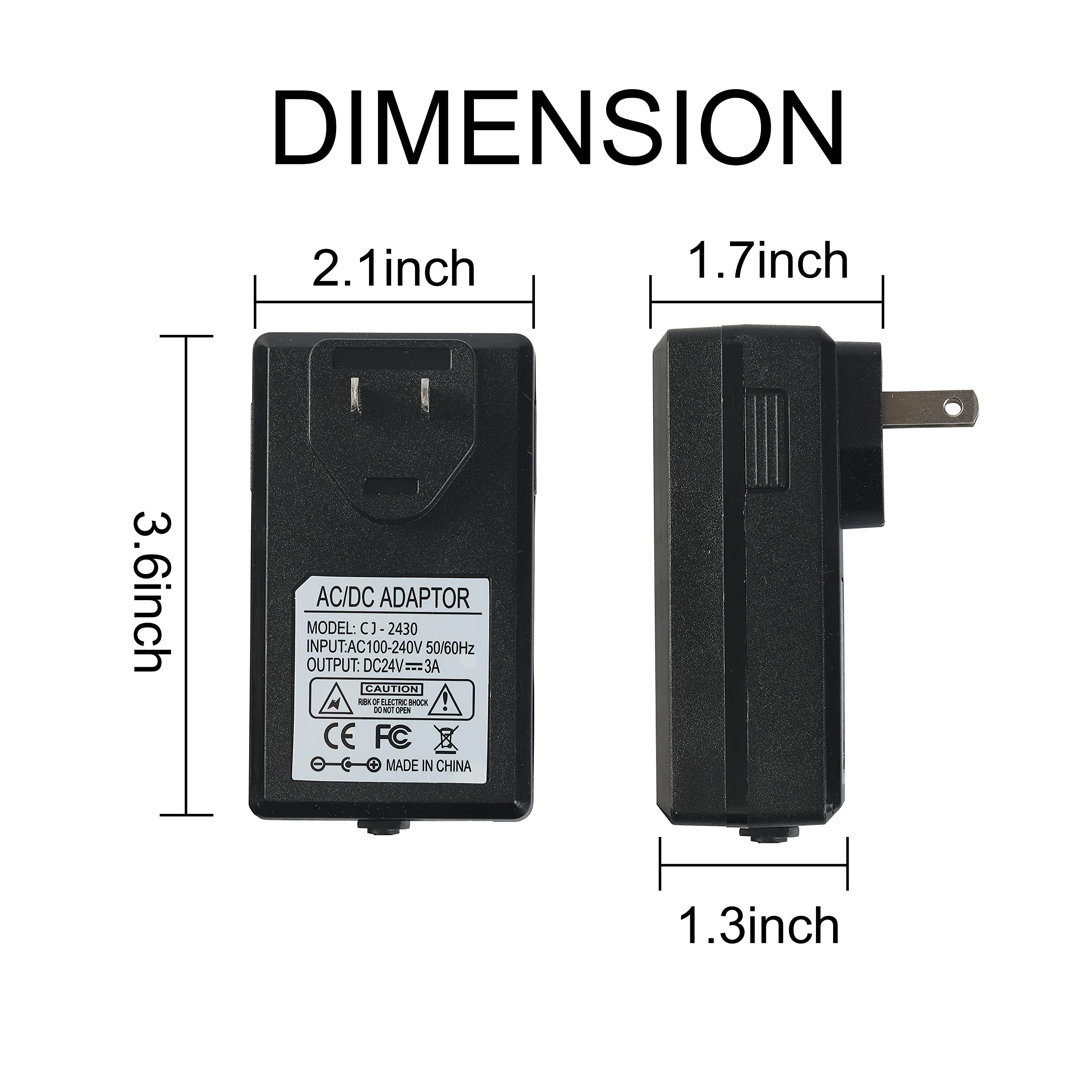 24V 3A 72W Power Supply Adapter,100-240V AC to DC, 5.5mm x 2.5mm DC Output Jack 24V AC Power Supply Wall Plug for 5050 3528 LED Strip Light LED Driver CCTV Security System