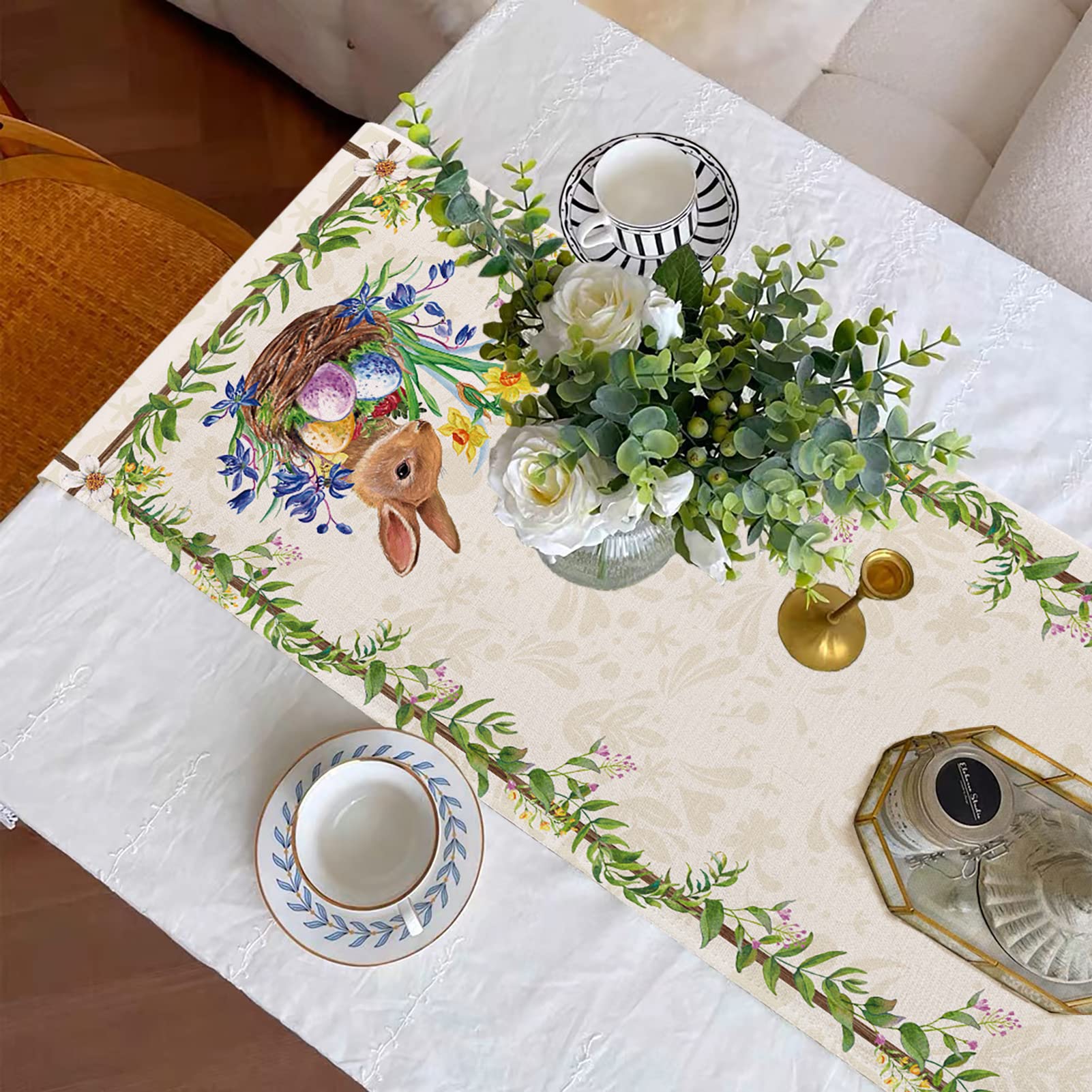 WHOMEAF Easter Bunny Table Runner Burlap Wild Flowers Cute Rabbit Green Leaves Eggs Table Runners Spring Summer Seasonal Kitchen Dining Table Center Decor for Home Party Indoor Outdoor 13x72 Inch