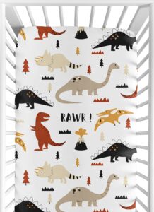 sweet jojo designs mod dino boy or girl fitted crib sheet baby or toddler bed nursery - orange, tan, rust, taupe, mustard yellow, beige, brown and black modern dinosaur boho dinosaurs gender neutral